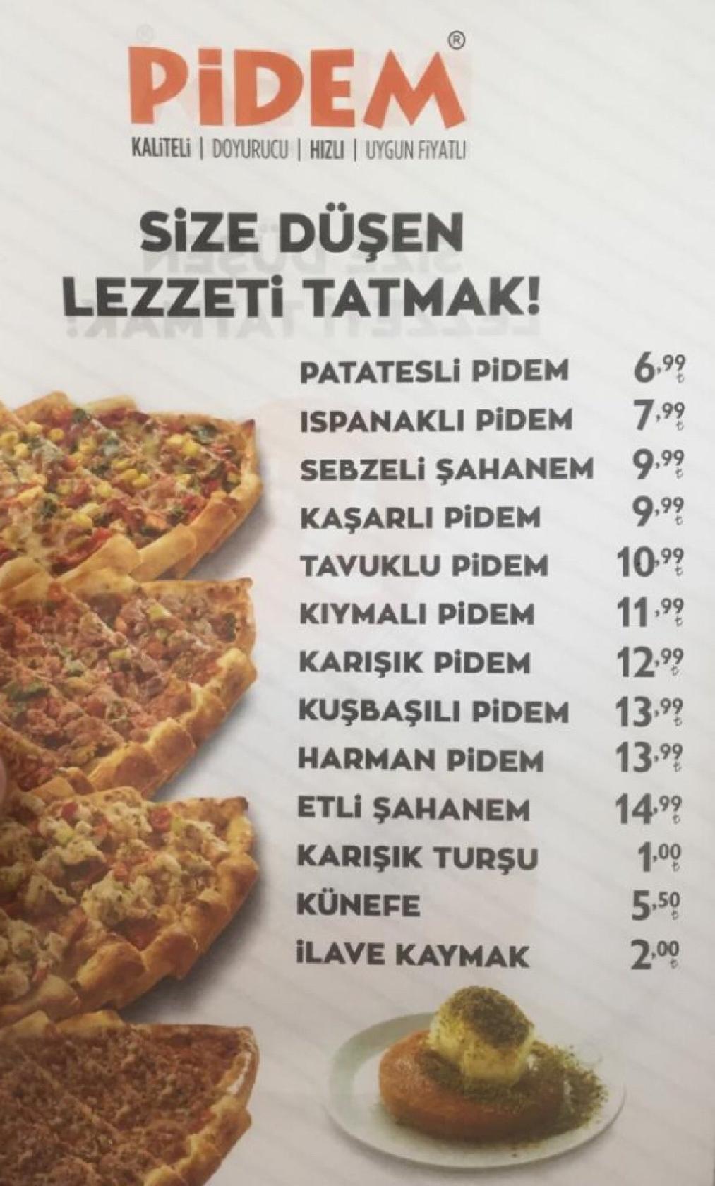 Menu at Pidem, Karabük