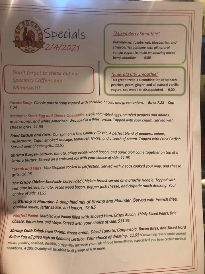 Menu at Red Rooster Cafe, Beaufort, Boundary St
