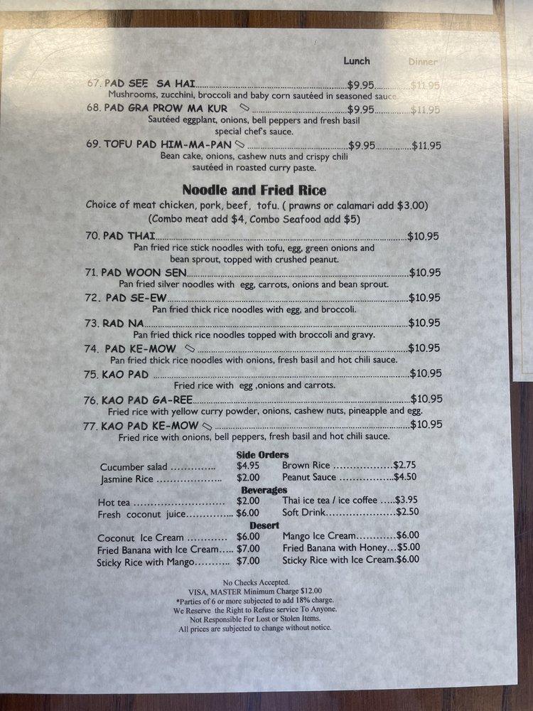 Menu at Thai Spice restaurant, Pinole