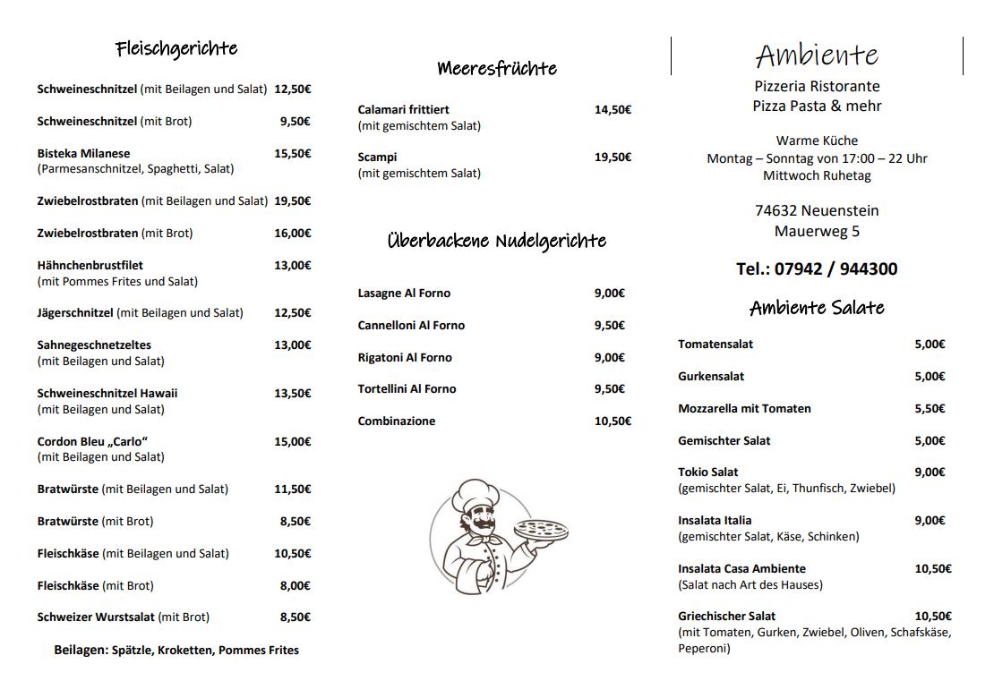 Speisekarte von Bistro Ambiente restaurant, Neuenstein