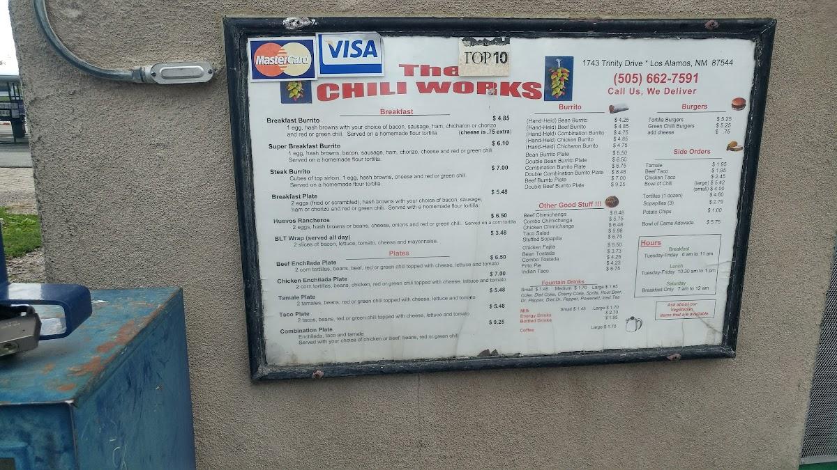 Menu at Chili Works restaurant, Los Alamos, Trinity Dr