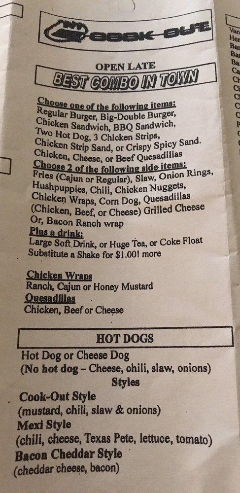 Menu at Cook Out restaurant, Mobile