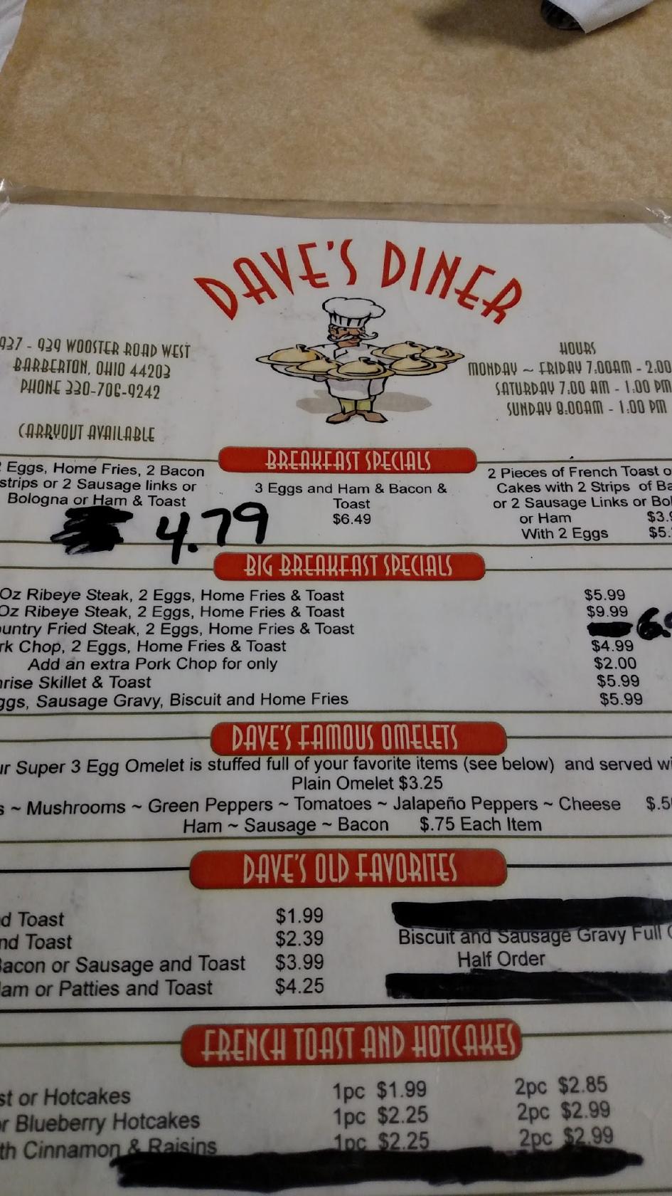 Menu at Dave's Diner restaurant, Barberton
