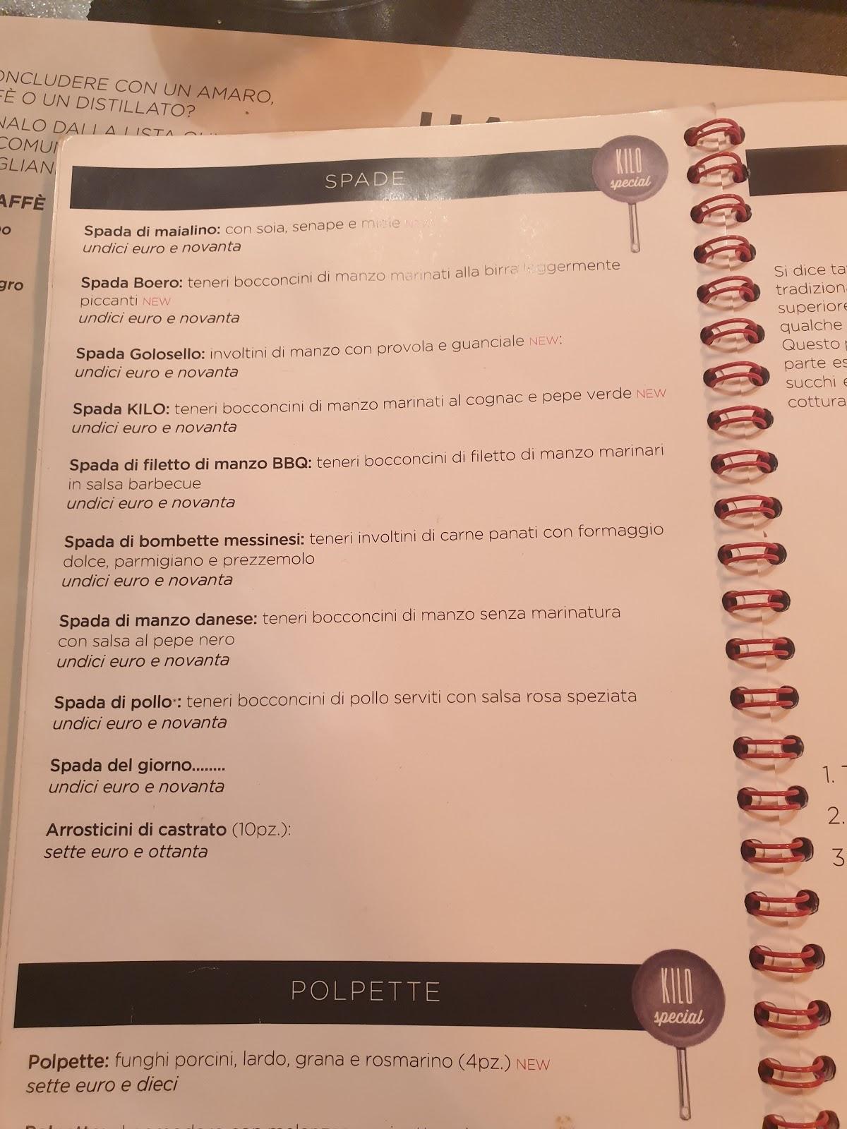 Menu at Kilo Restaurant, Rome, Via Tirso