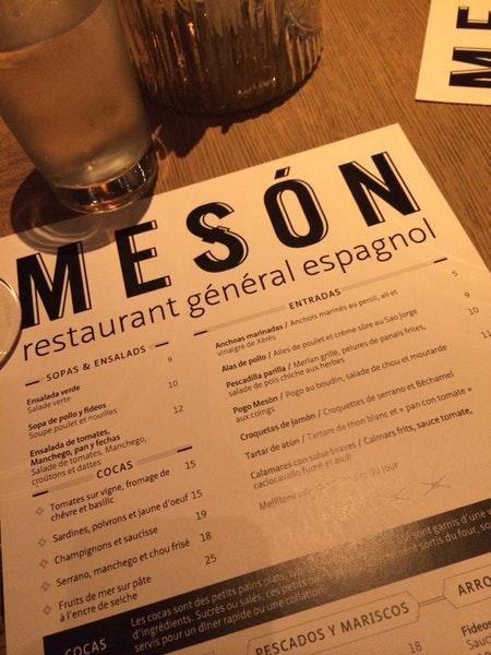Menu at Mesón restaurant, Montreal, 345 Rue Villeray