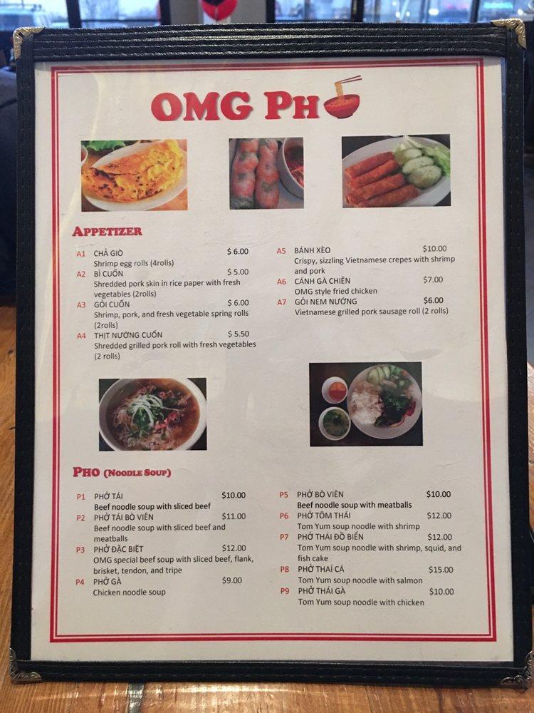 Menu at OMG Pho restaurant, Shorewood