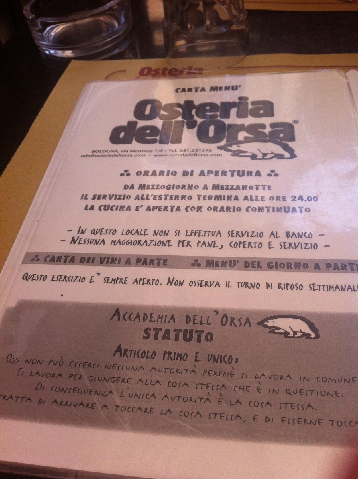 Menu da Osteria dell'Orsa ristorante, Bologna
