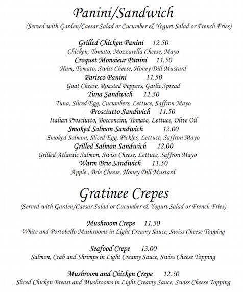 Menu at Parisco Cafe, Toronto