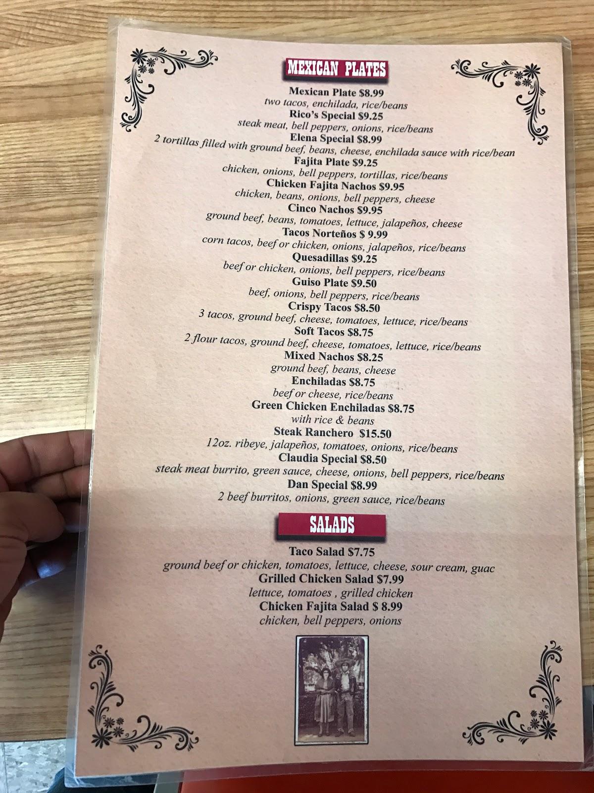 Menu at Rico's Cafe, Mertzon
