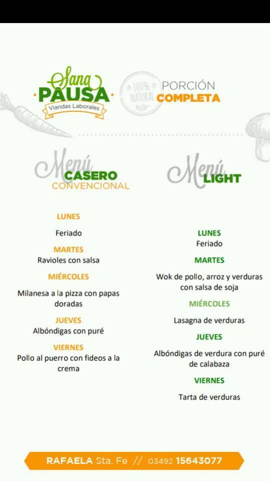Menu at Sana pausa restaurant, Rafaela