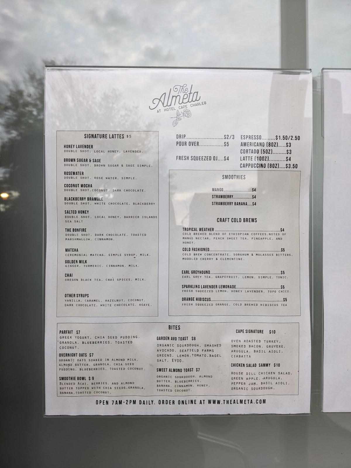 Menu at The Almeta, Cape Charles