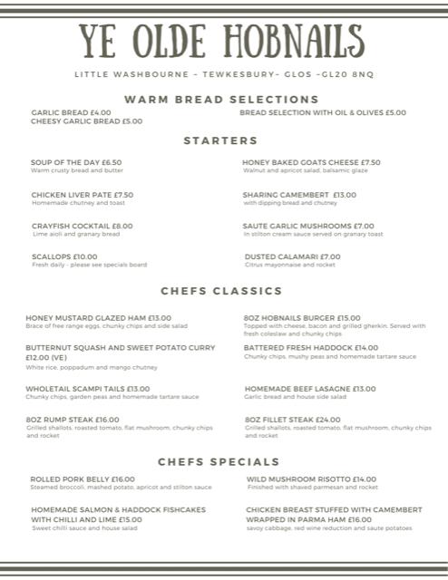 Menu at Ye Olde Hobnails Inn pub & bar, Little Washbourne