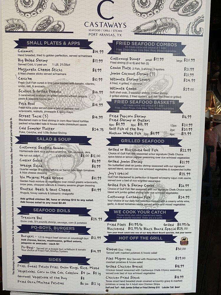 Menu at Castaway’s Seafood & Grill restaurant, Port Aransas, 337 N ...