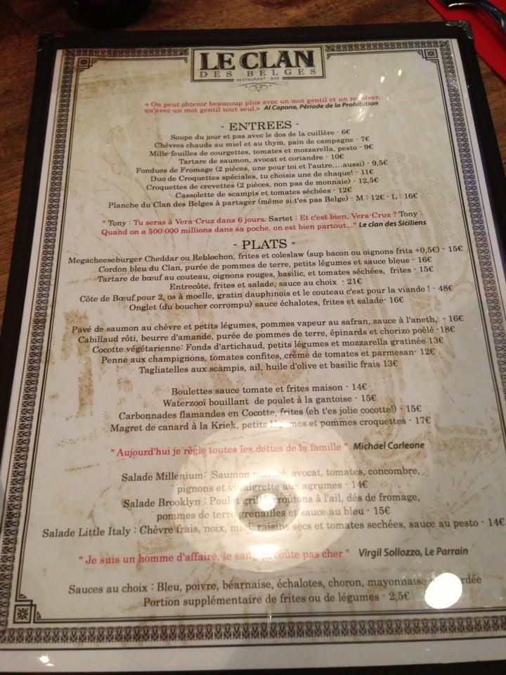 Menu at Le Clan des Belges, Brussels