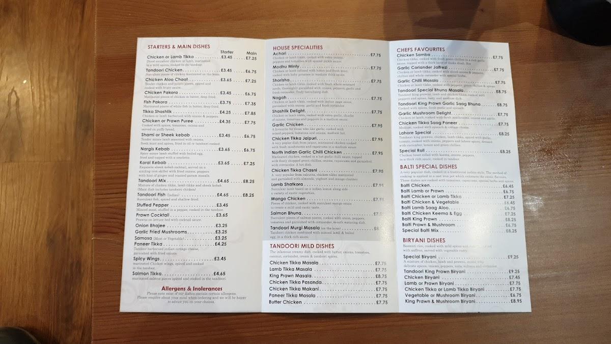 Menu at Little India restaurant, Tamworth