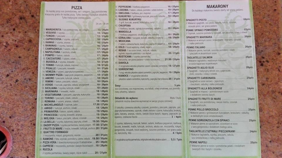 Menu at Pizza Vera restaurant, Warsaw