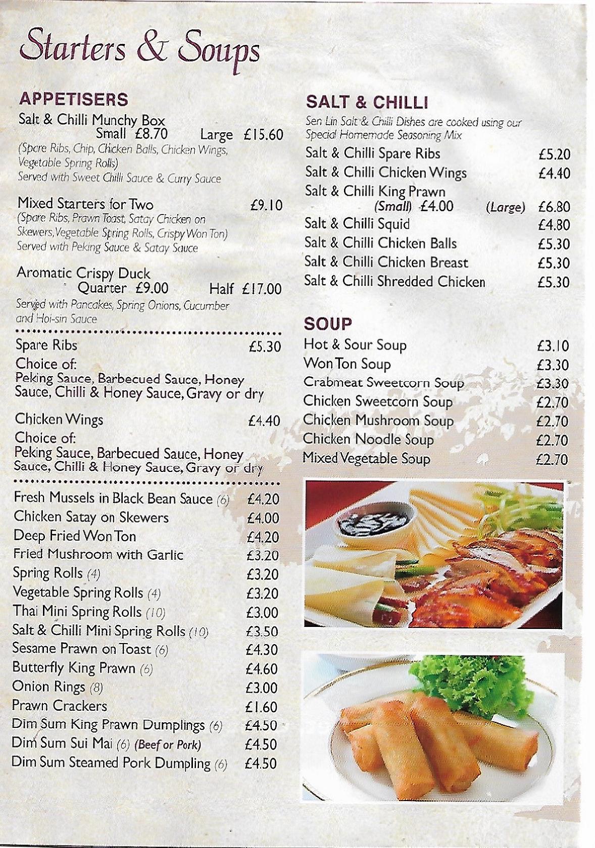 Menu at Sen Lin fast food, Carluke