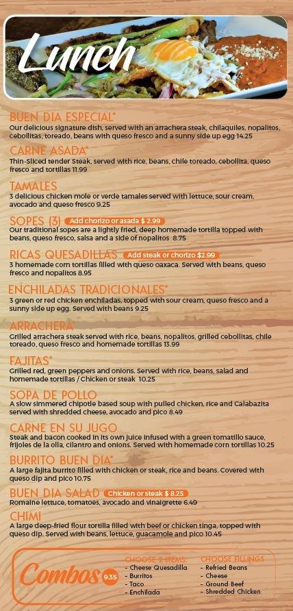 Menu at Buen Dia Mexican Breakfast & Lunch desserts, Castle Hayne