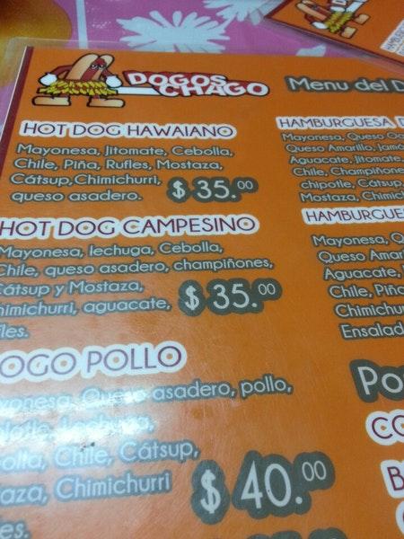 Menu at Dogos Chago restaurant, Irapuato, San Pedro 156