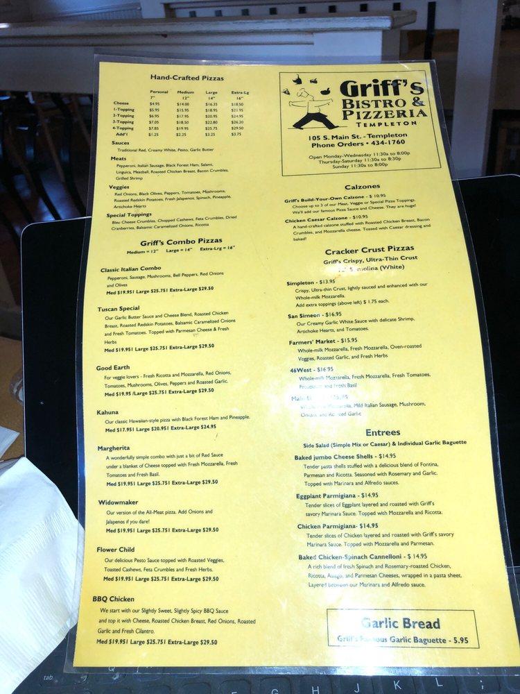 Carta de Griff's Pizzeria & Bistro, Templeton