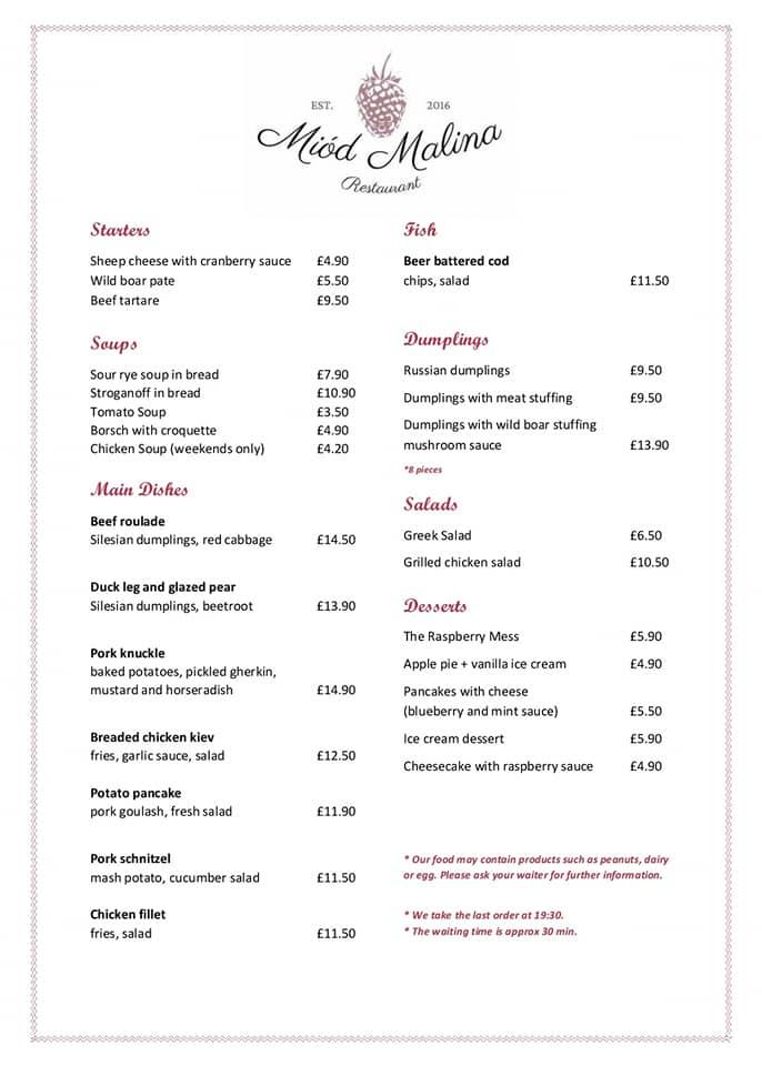 Menu at Miod Malina Restaurant, London, 315 Horn Ln