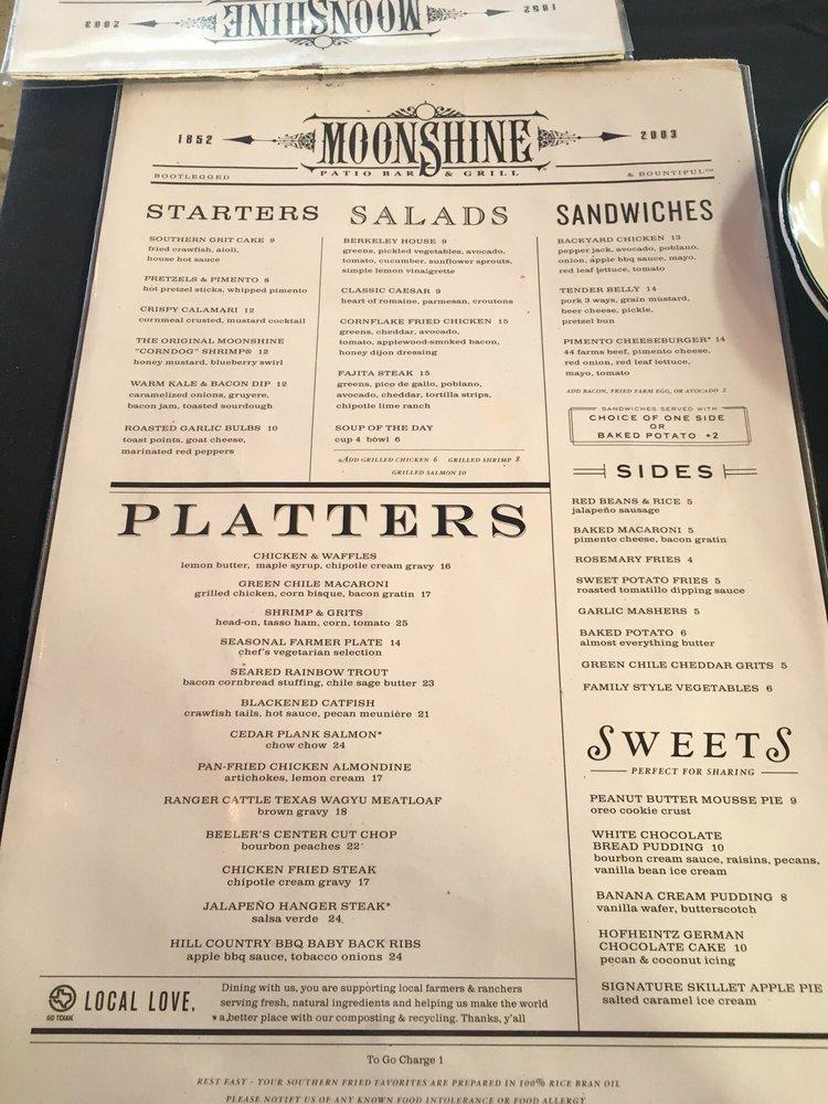 Menu at Moonshine Grill pub & bar, Austin, 303 Red River St