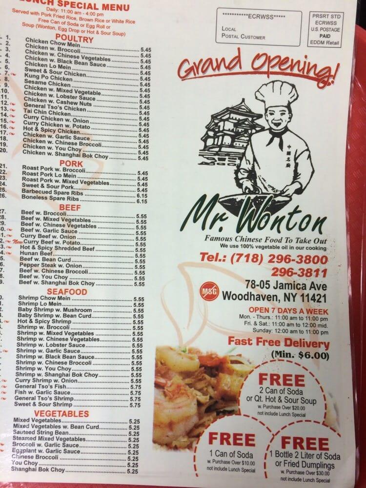 Menu at Mr. Wonton restaurant, New York City, 78-05 Jamaica Ave