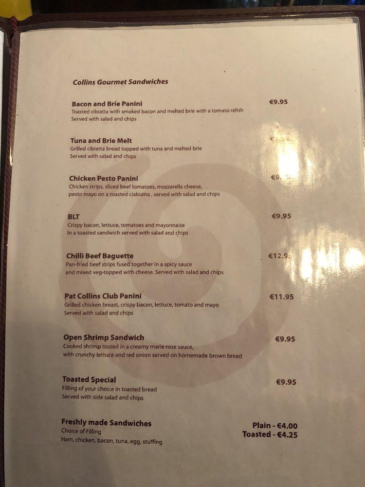 Menu at Pat Collins Bar, Adare