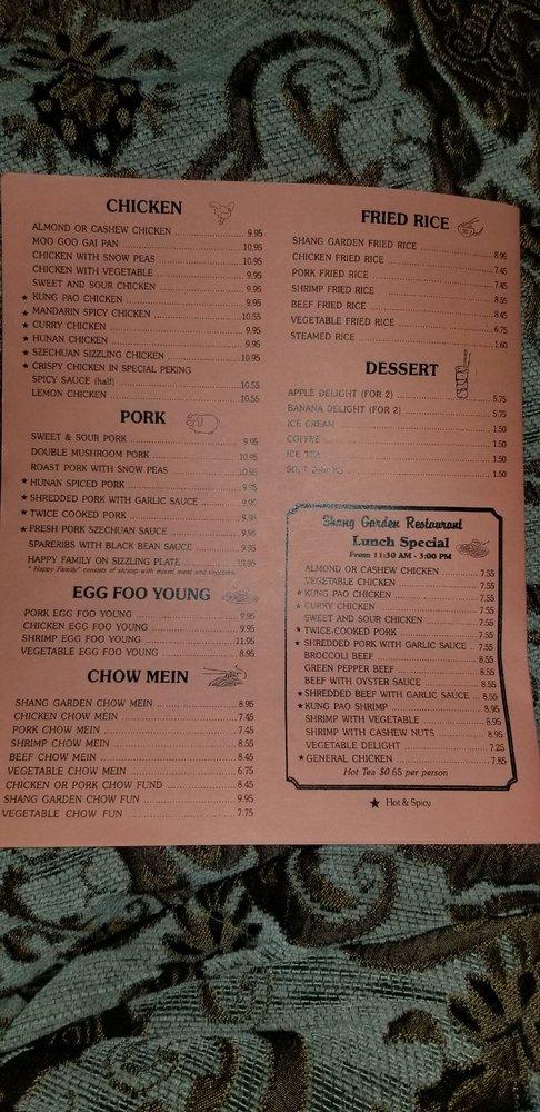 Menu at Shang Garden Chinese Restaurant, Colfax