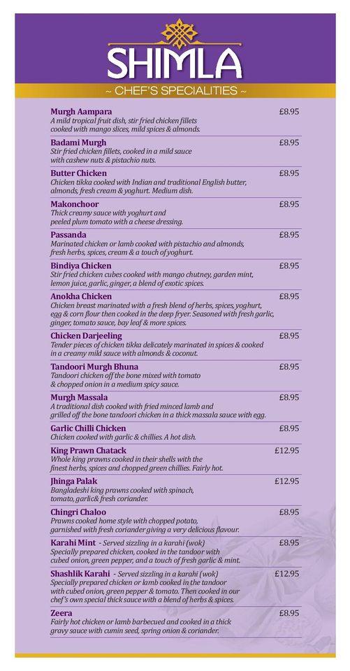 Menu at Shimla Indian Cuisine restaurant, Holmfirth