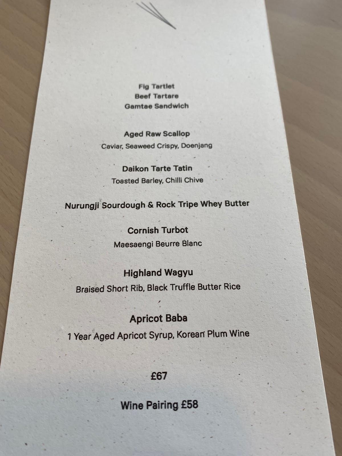 Menu at Sollip restaurant, London