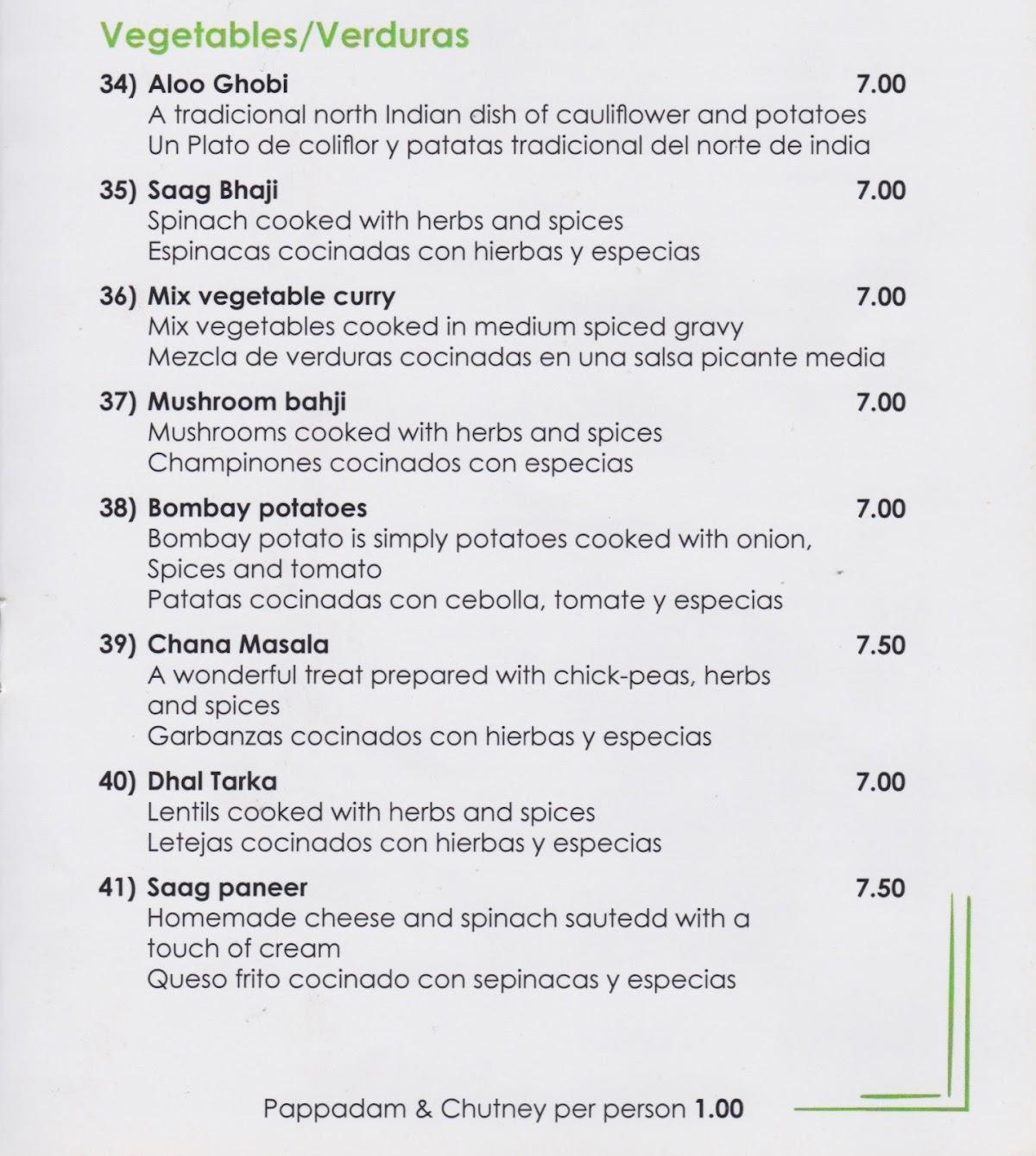 Menu at Spice Village restaurant, Cancelada