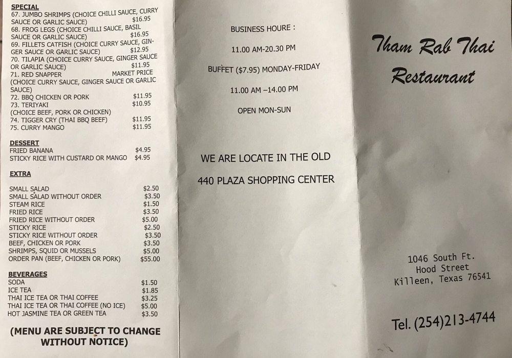 Menu at Tham Rab Thai Restaurant, Killeen