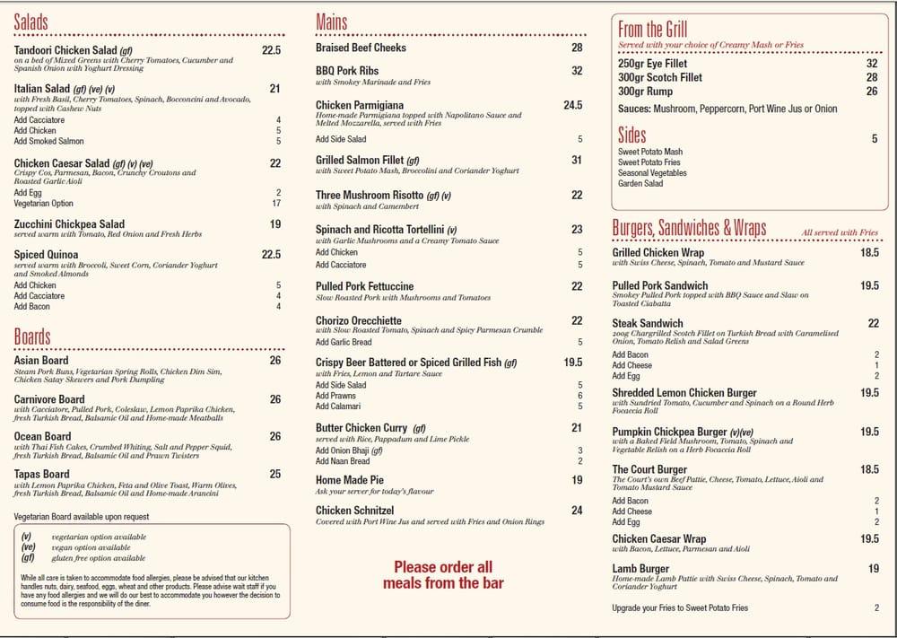Menu at The Court pub & bar, Perth, 50 Beaufort St