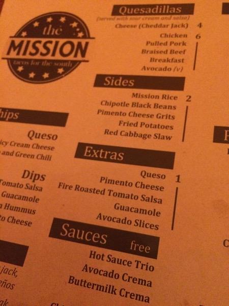 Menu at The Mission Taqueria-Cantina restaurant, Gibsonville