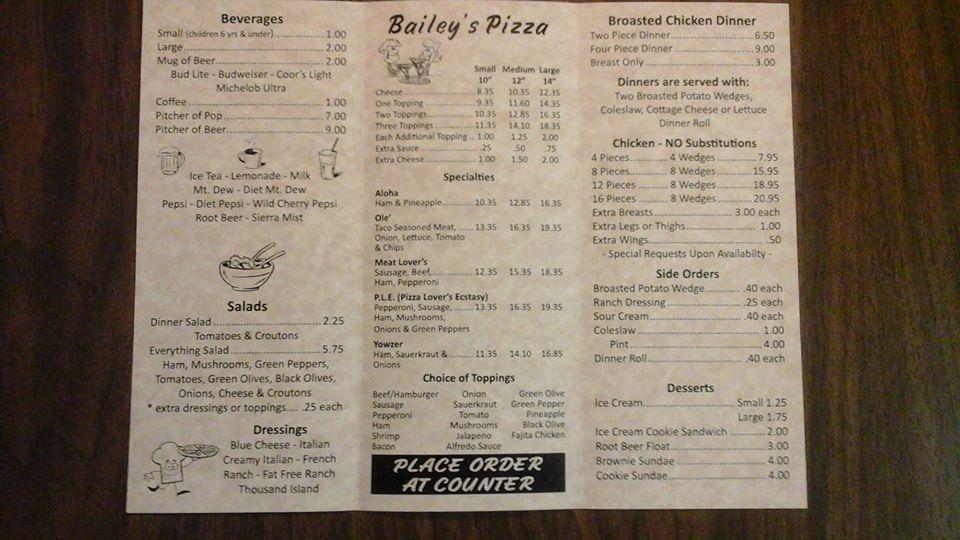 Menu at Bailey's Pizza & Brstd Chicken pizzeria, State Center