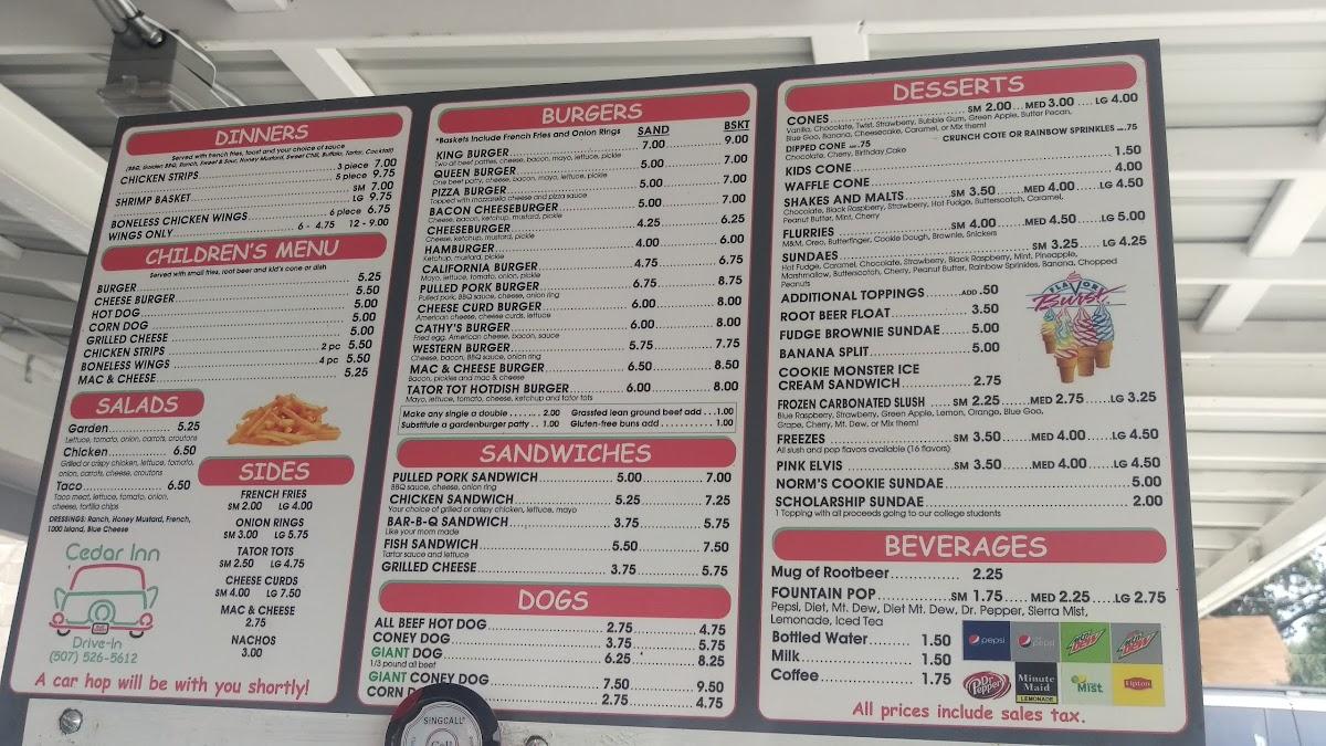 Menu at Cedar Inn Drive-In desserts, Blue Earth