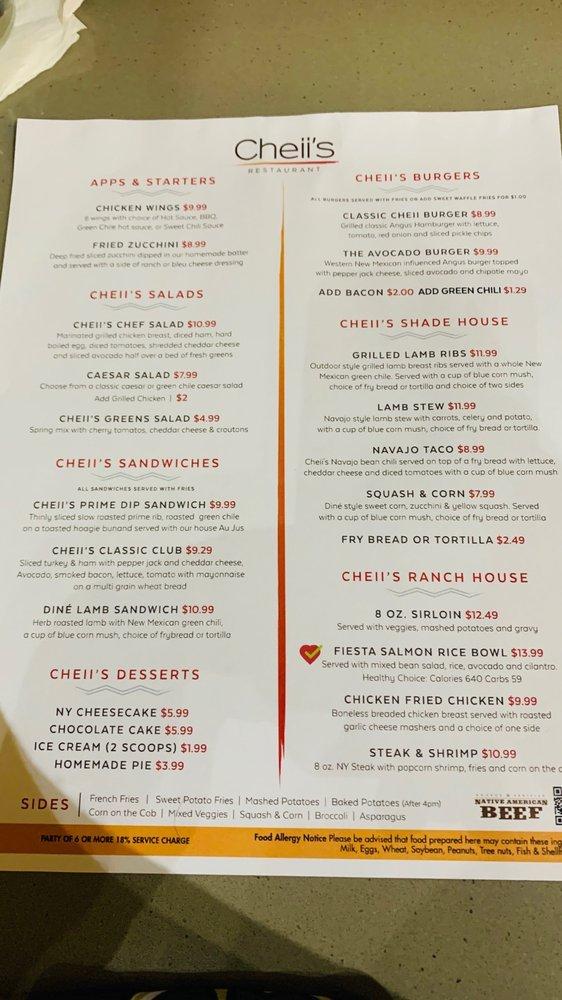 Menu at Cheii Grill & Pub, Church Rock