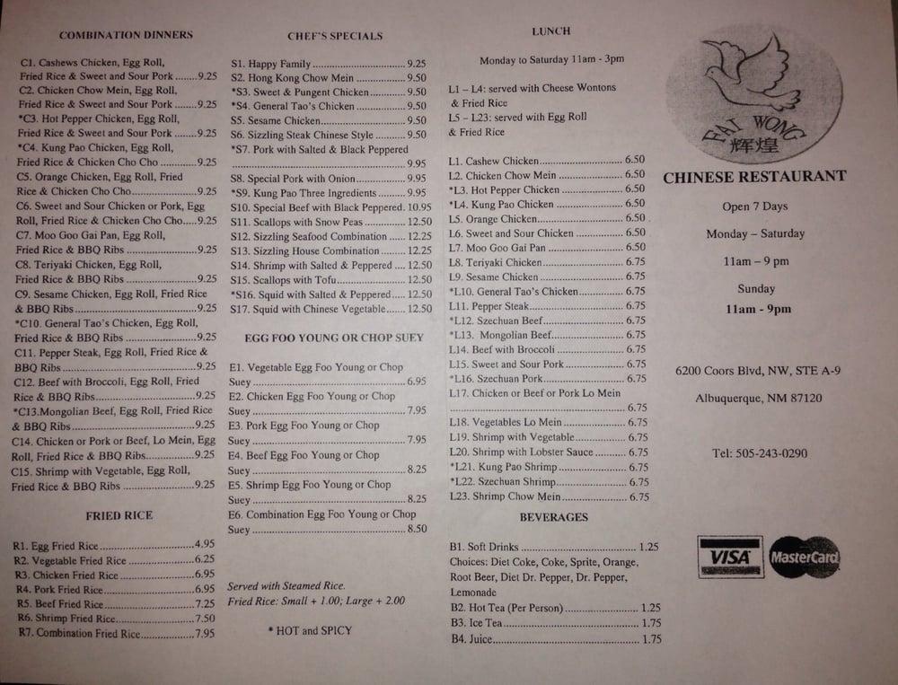 Menu at Fai Wong restaurant, Albuquerque