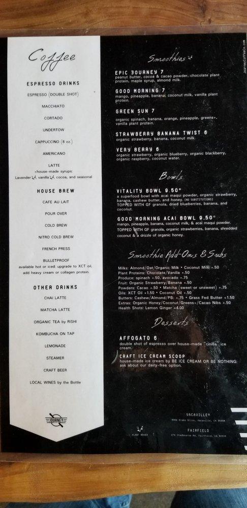 Menu at Journey Coffee Co. pub & bar, Vacaville