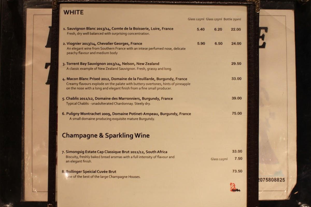 Menu at KOBA restaurant, London