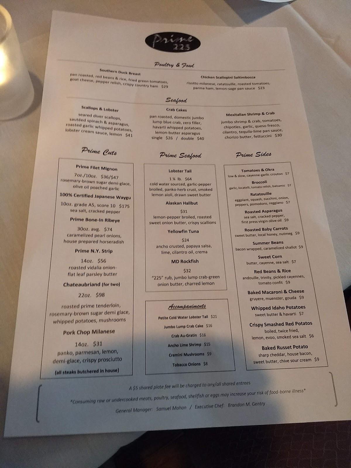 Menu at Prime 225 pub & bar, Chesapeake City