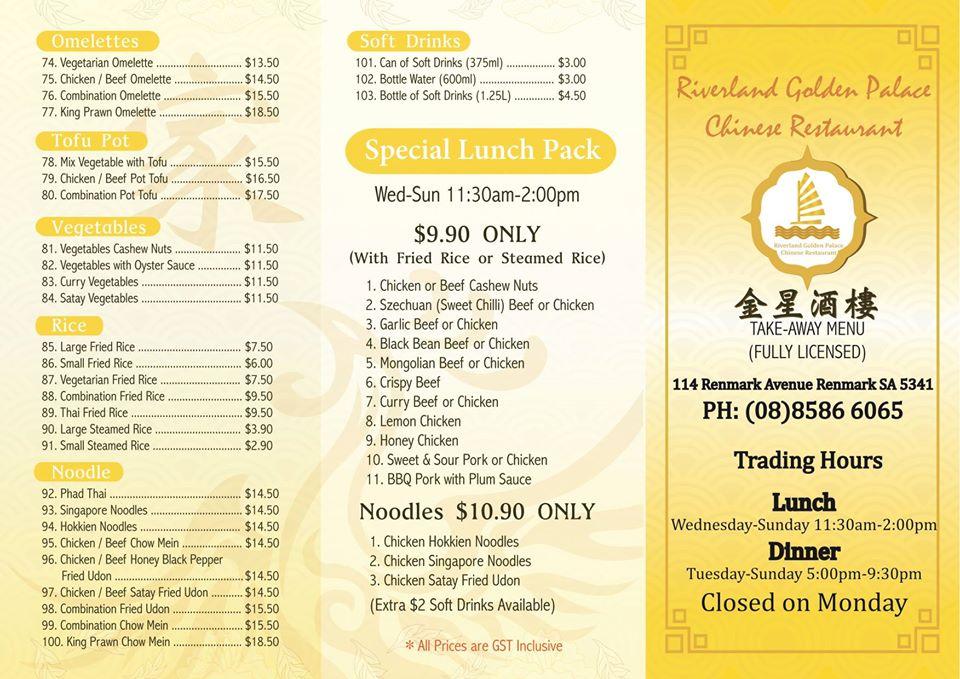 Menu at Riverland Golden Palace Restaurant, Renmark