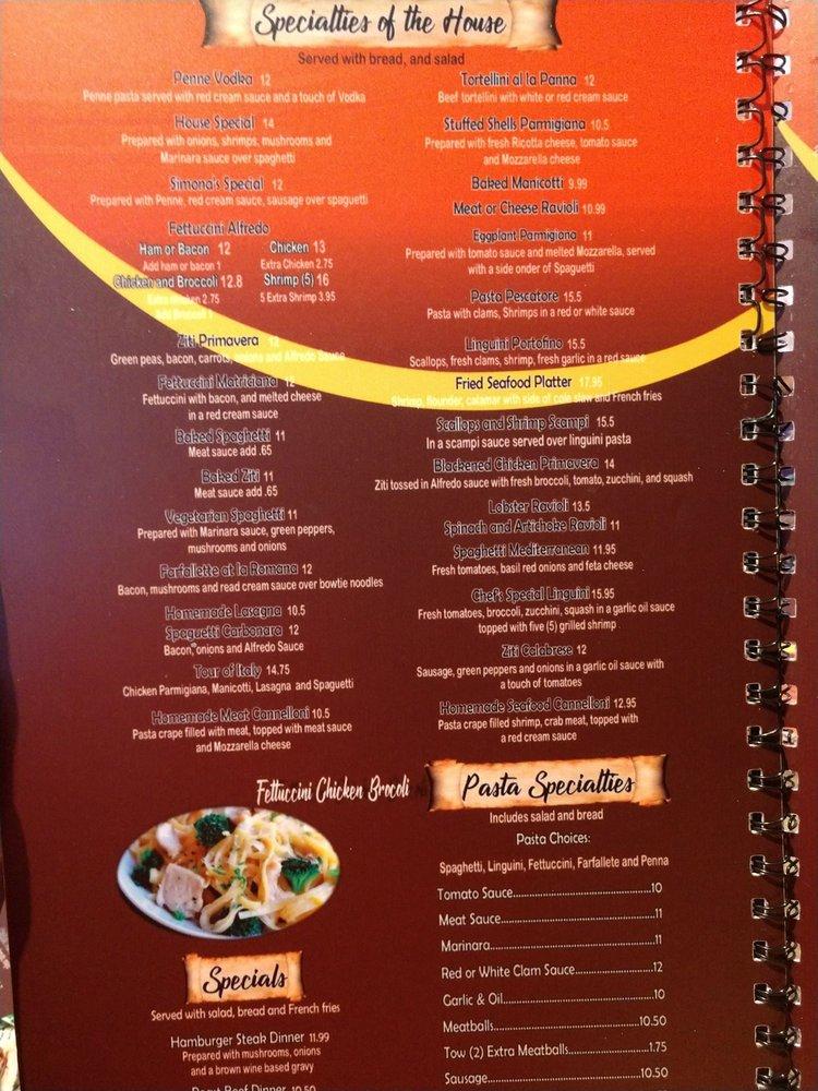 Menu at Simona's Italian Restaurant, Victoria