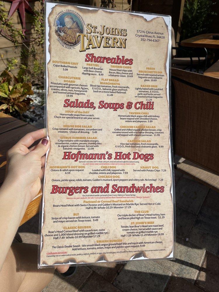 Menu at St. Johns Tavern restaurant, Crystal River