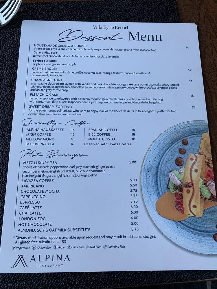 Menu at Villa Eyrie Resort restaurant, Malahat