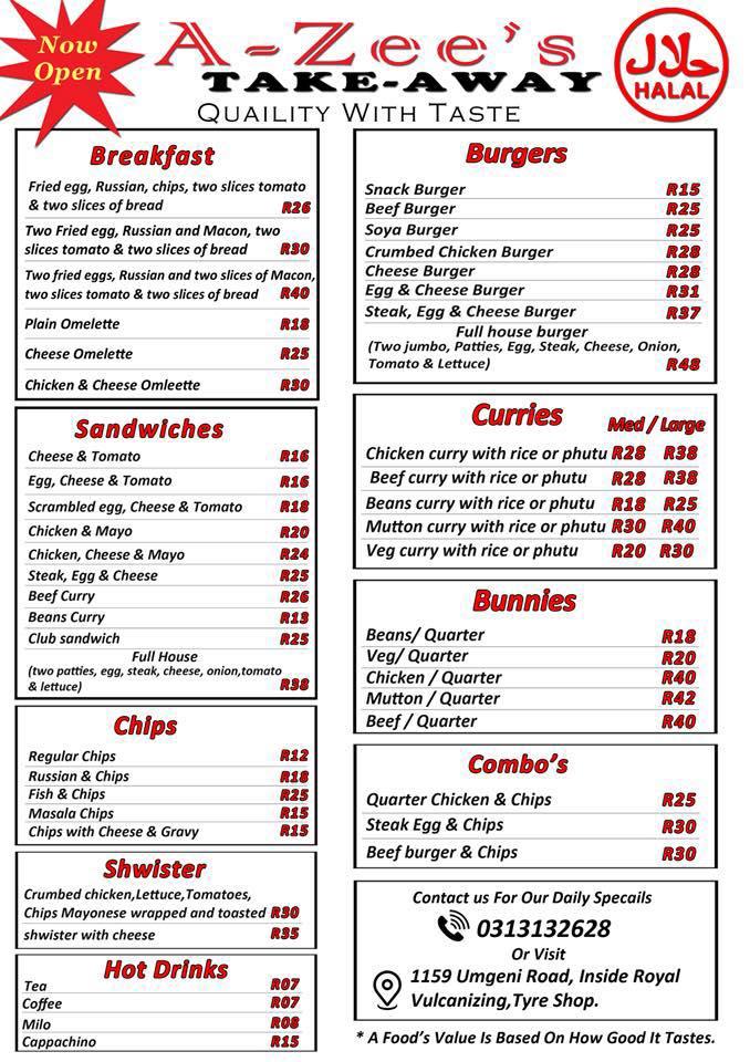 Menu au A-zee’s takeaway restaurant, Durban