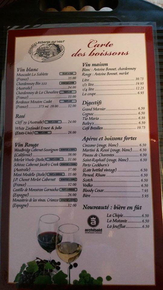 Menu at Auberge sur Mer (Motels au bord de l'eau) restaurant, Saint-Siméon