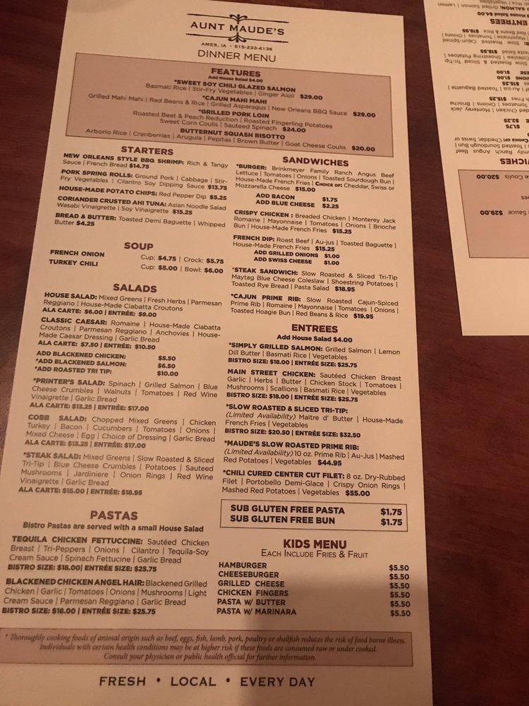 Menu at Aunt Maude's restaurant, Ames