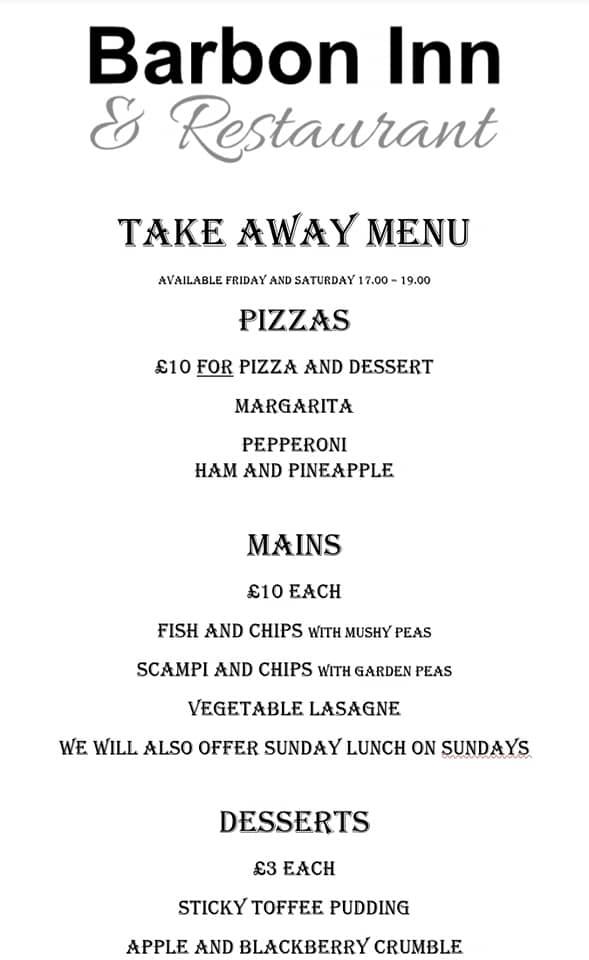 Menu at Barbon Inn, Barbon